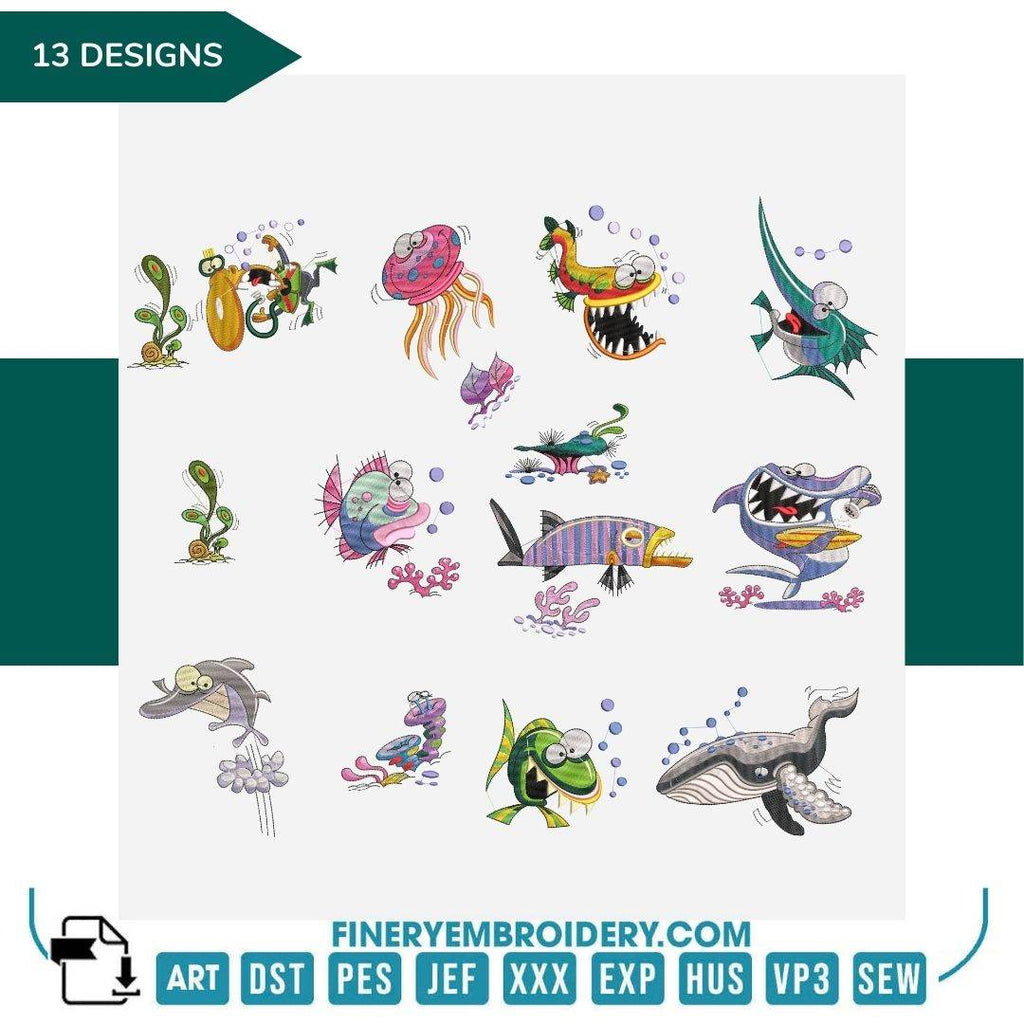 Underwater Sea Creatures Embroidery Design Pack – 13 Unique Designs ...